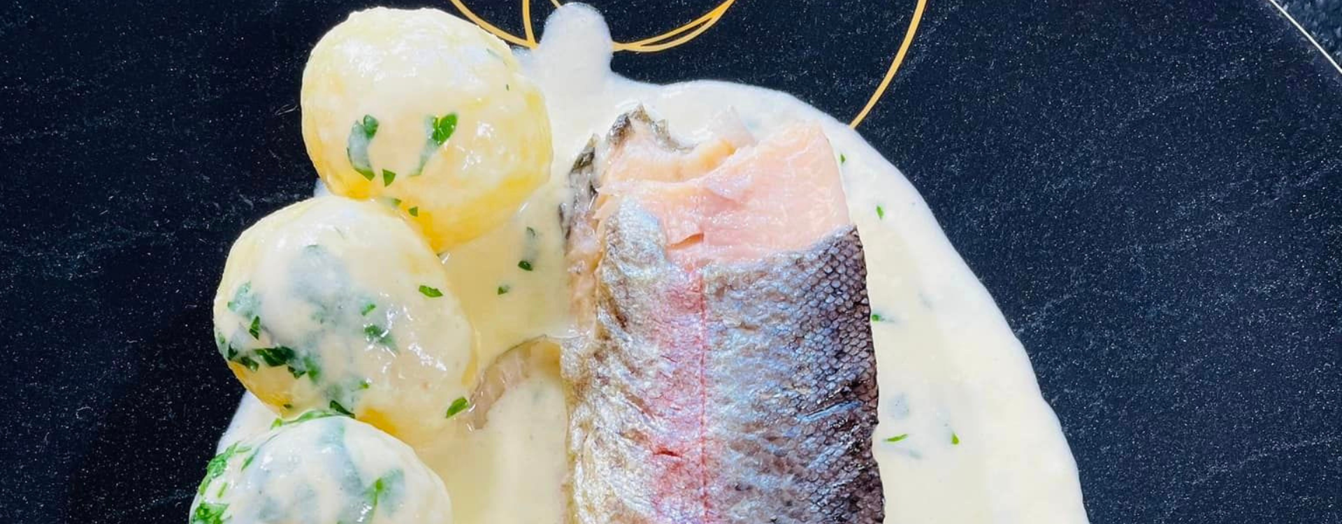 Trout Fillet in Hay Crust with Creamy Horseradish New Potatoes